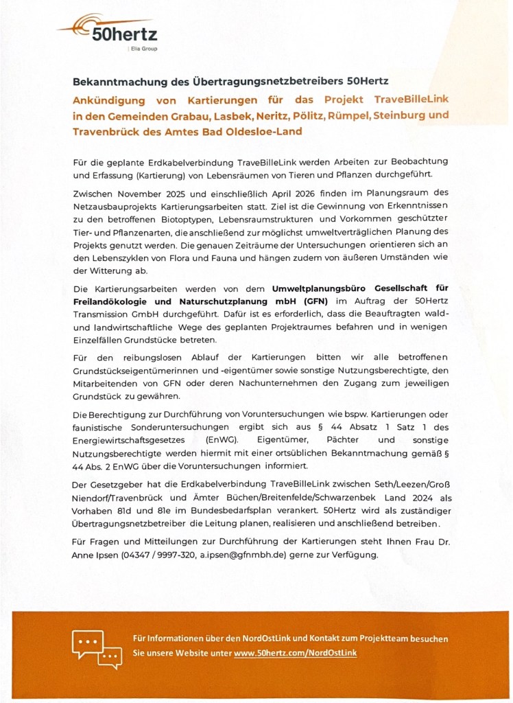 Ankündigung von Kartierungen für das Projekt TraveBilleLink – Unser ...